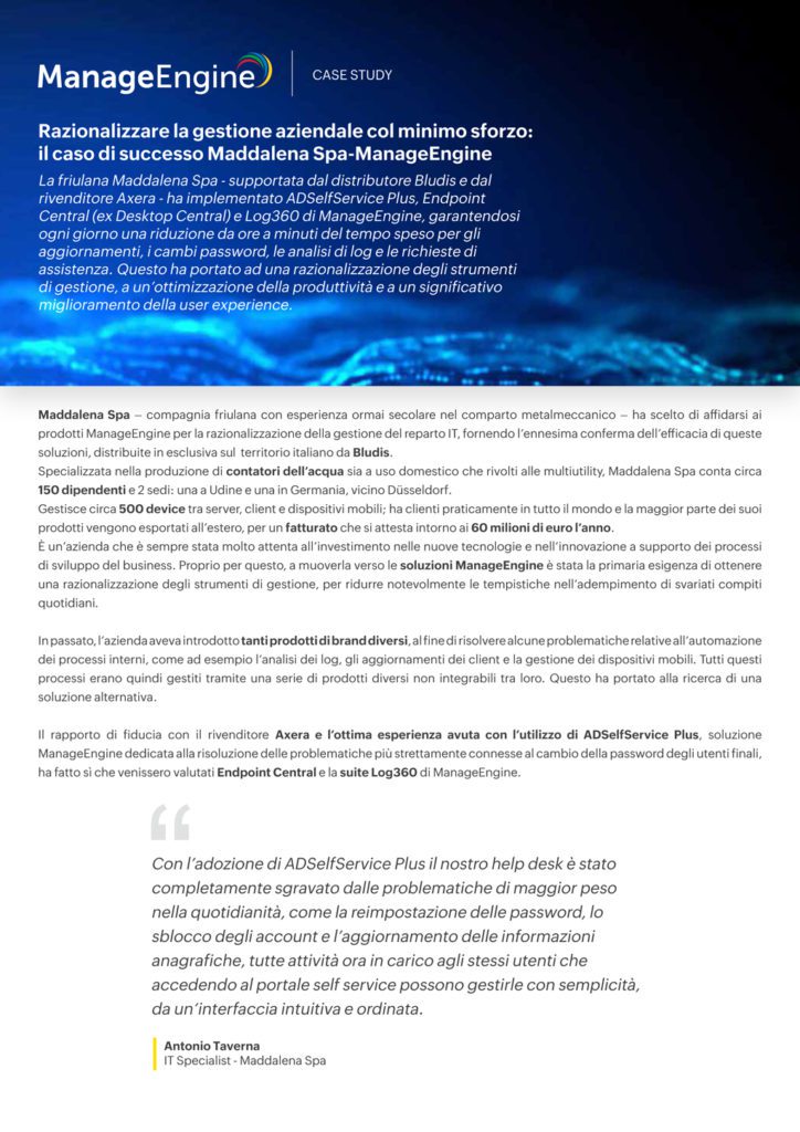 Case Study ManageEngine - Maddalena SpA | Bludis